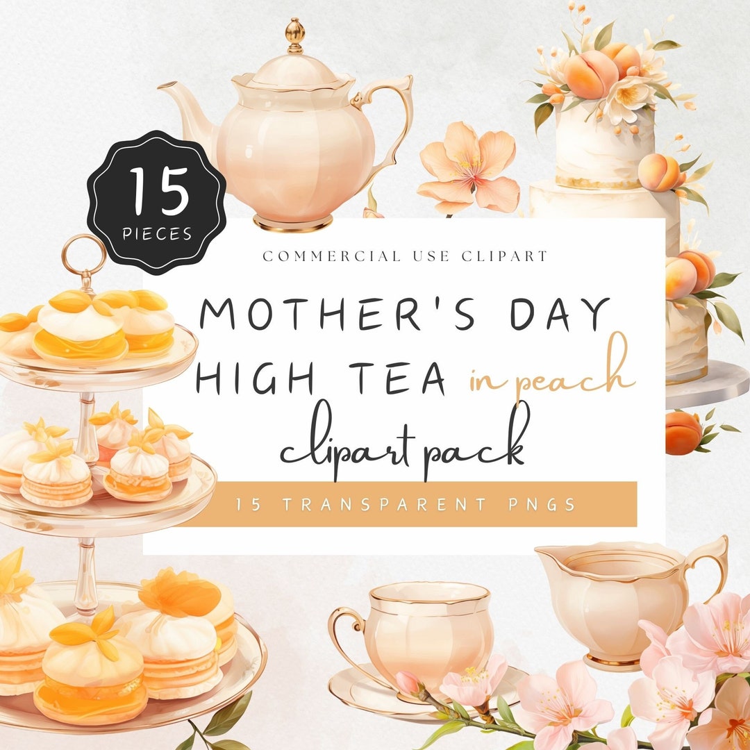 Mother's Day High Tea Party in Peach Clipart Watercolor Set of Teapot ...
