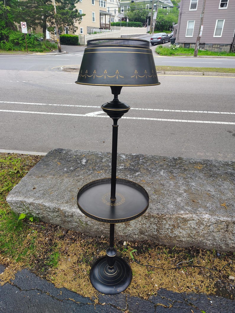 Vintage Black Tole Floor Lamp With Tray Table. Mid Century Metal Lamp ...