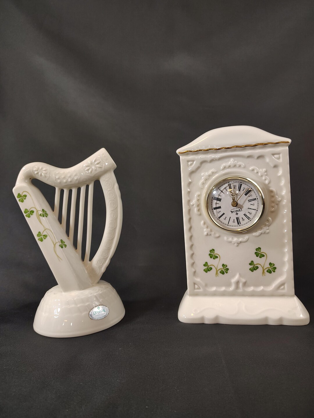 Vintage Irish Belleek Harp and Mantel Clock Set - Shamrock Design ...