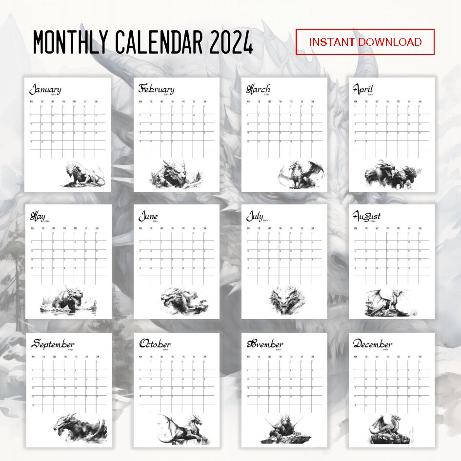2024 Calendar, Year of Dragons, Monthly & Yearly Vertical Calendar ...