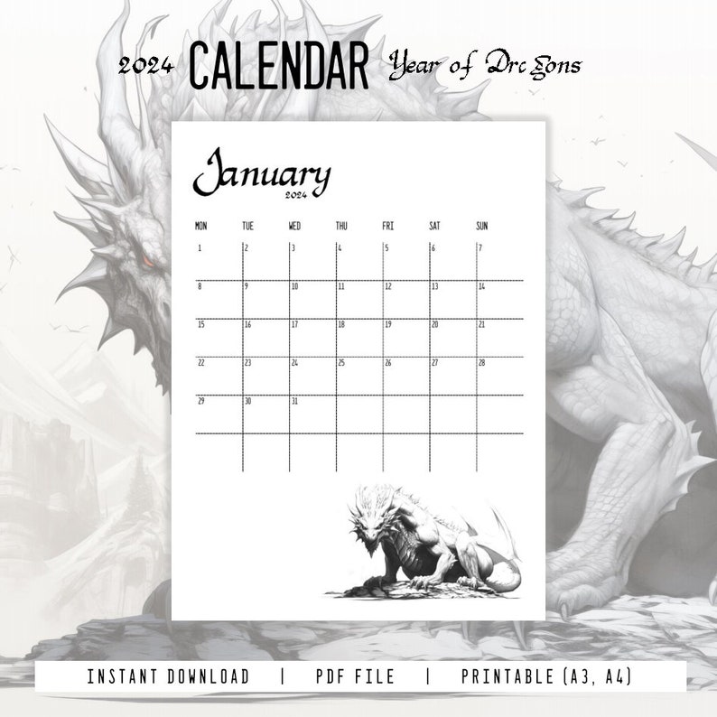 2024 Calendar, Year of Dragons, Monthly & Yearly Vertical Calendar ...