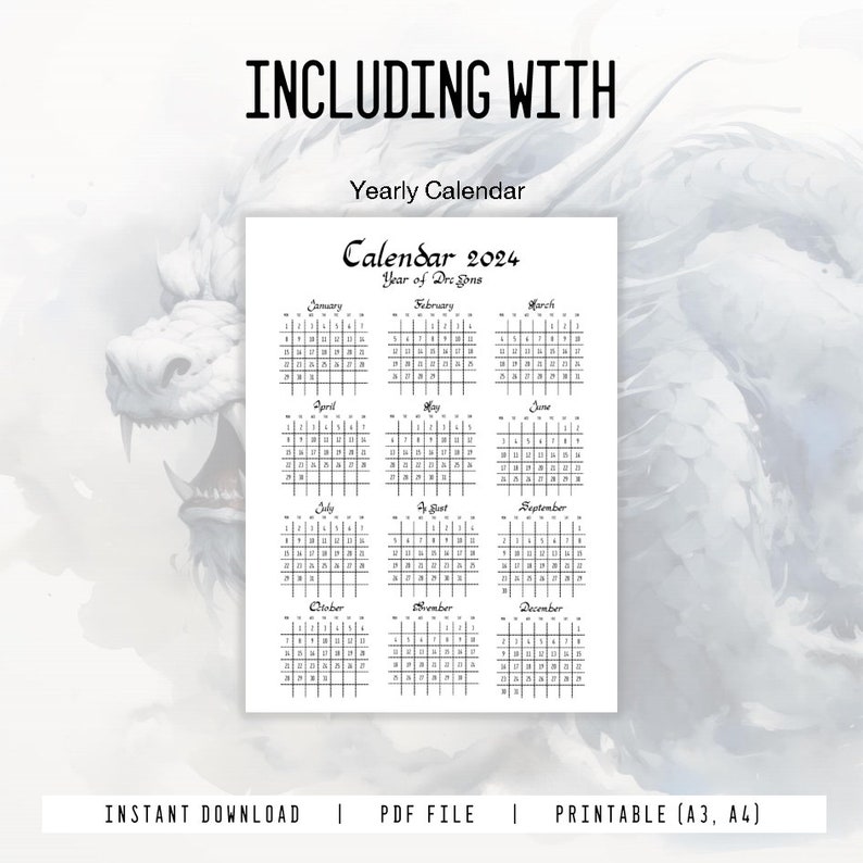 2024 Calendar, Year of Dragons, Monthly & Yearly Vertical Calendar ...