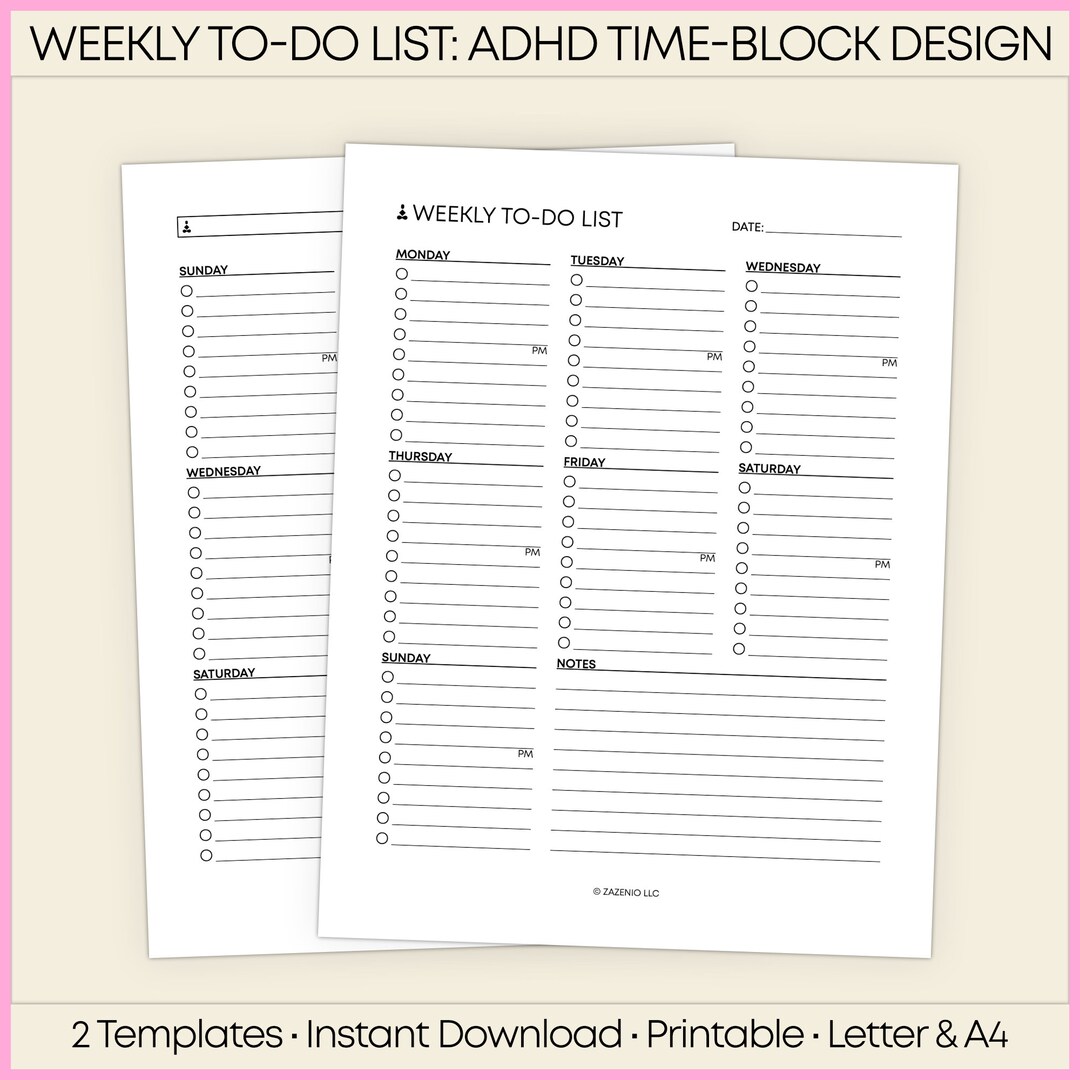 Weekly to Do List Printable Template With Notes Section, 2 Pdfs, ADHD ...