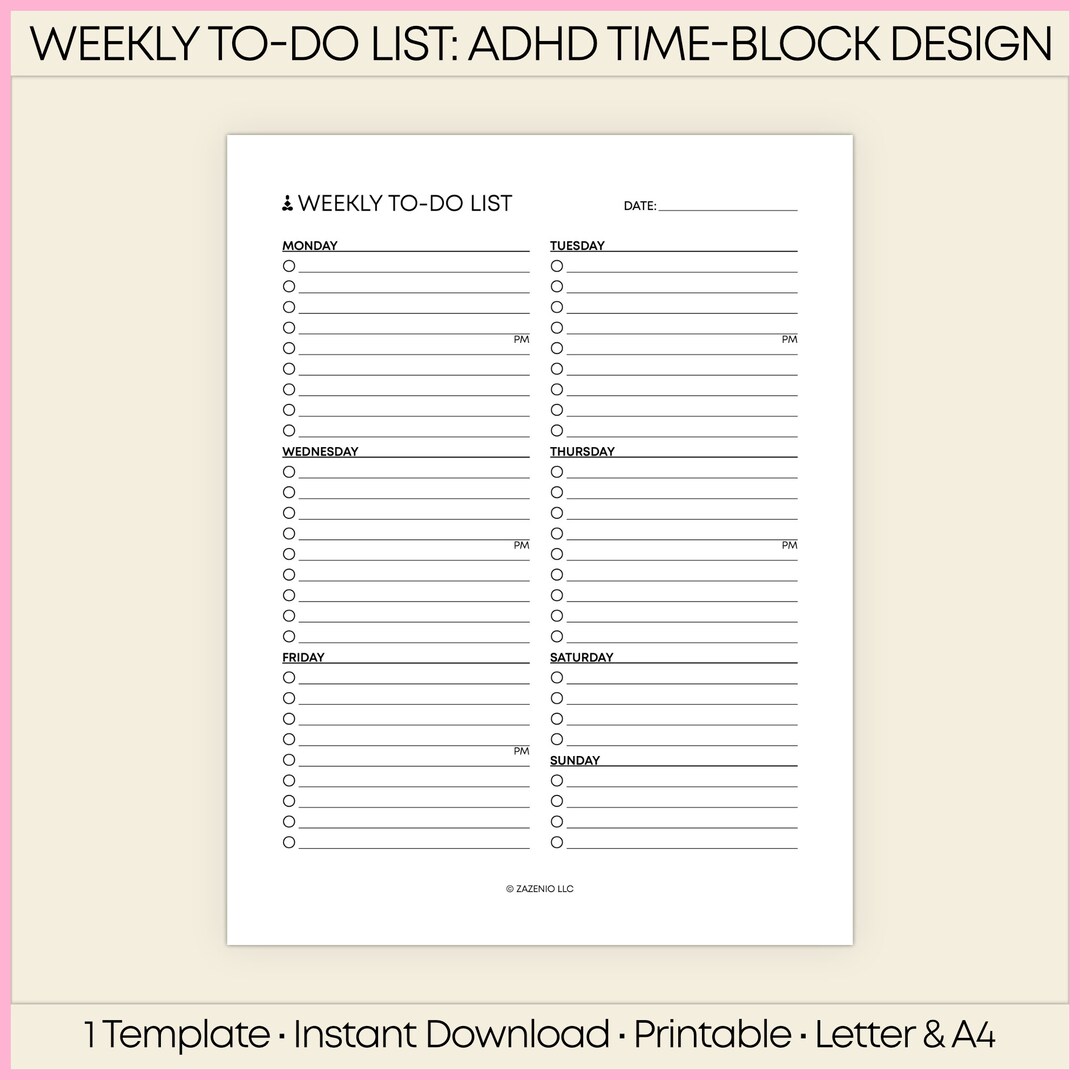 Weekly to Do List Printable Template With 2 Column Layout, 1 PDF, ADHD ...