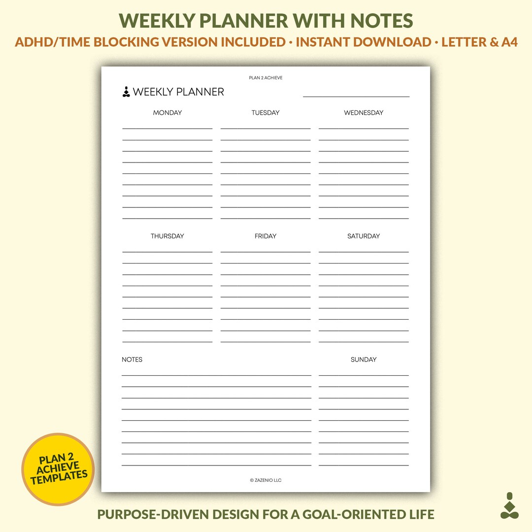 Weekly Planner Printable Template With Notes and Adult ADHD Time ...