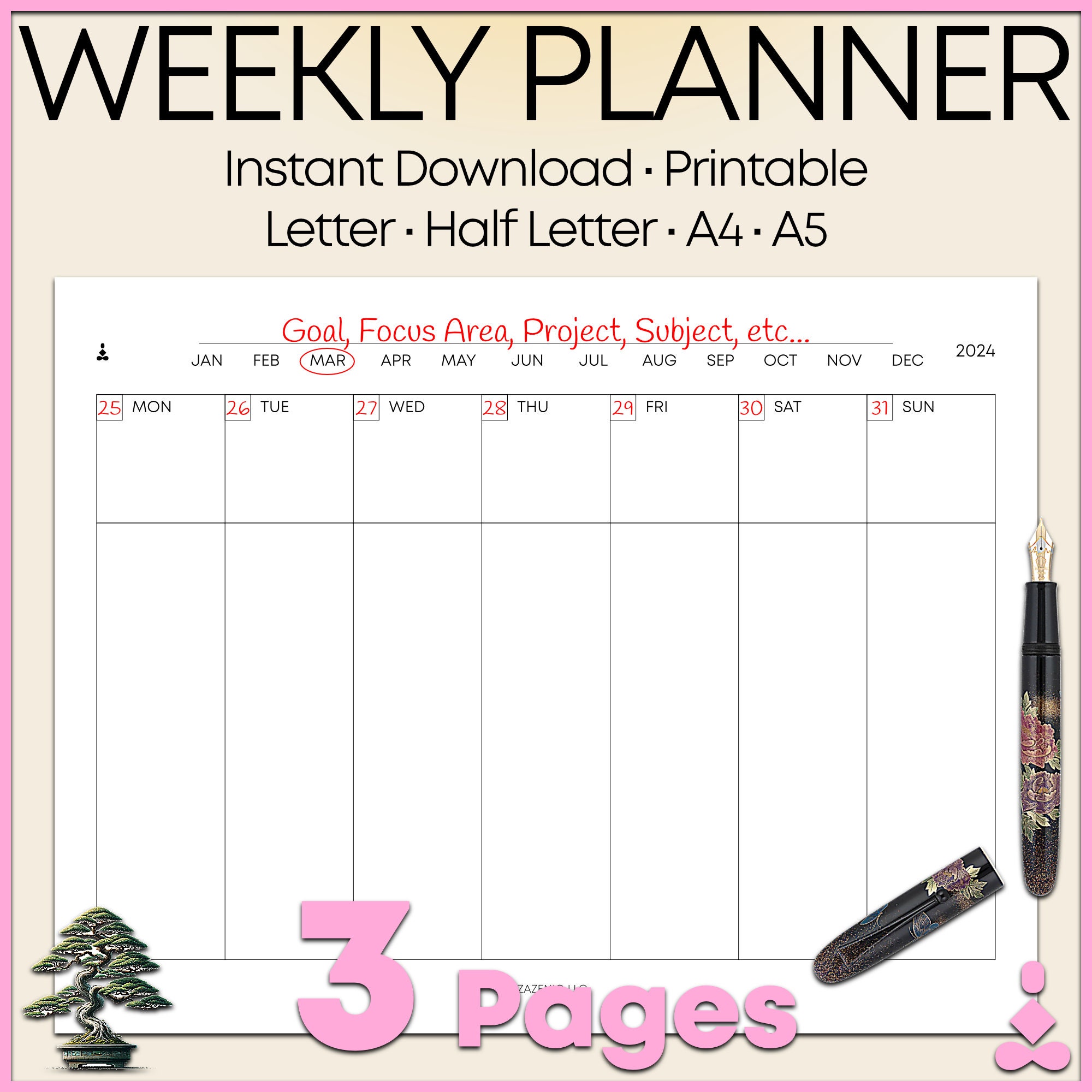 Planner Printable, Weekly Undated Template, 2024 Organizer, Daily ...