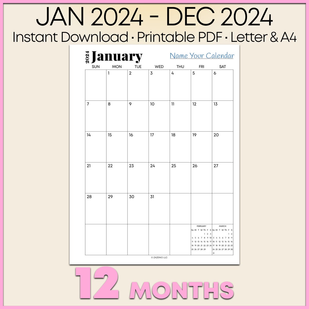 2024 Calendar Printable, January Start, 12 Month Planner, Digital ...