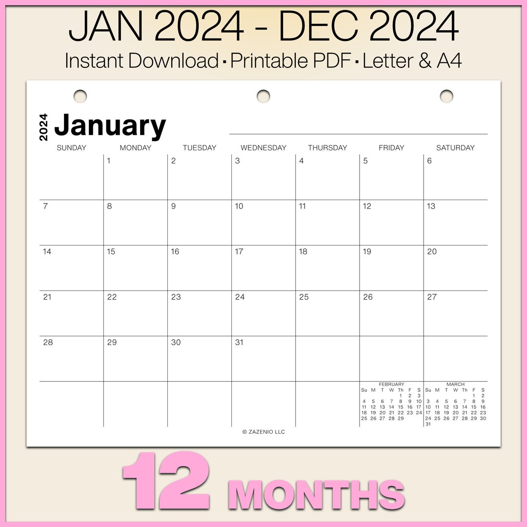 January 2024 Calendar Printable, 12 Month Planner, Digital Download PDF ...