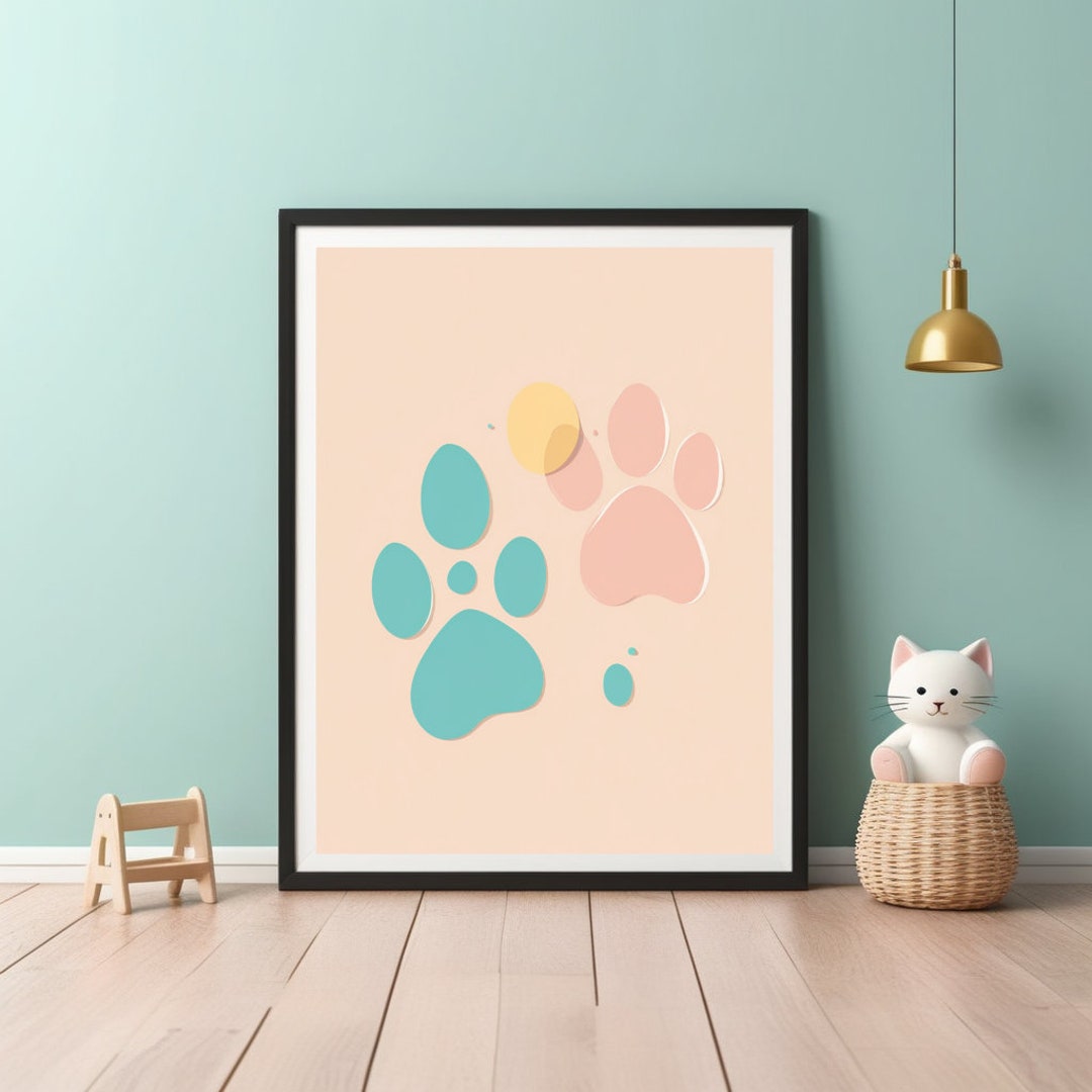 Kitten Footprint Cat Paw Print Minimalist Animal Poster Soft Pastel ...