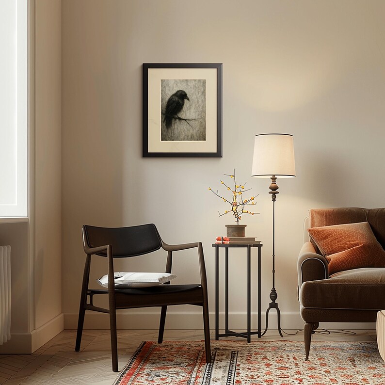 Sad Crow on Black Branch - Gothic Minimalist Wall Art, Dark Crow Nature ...