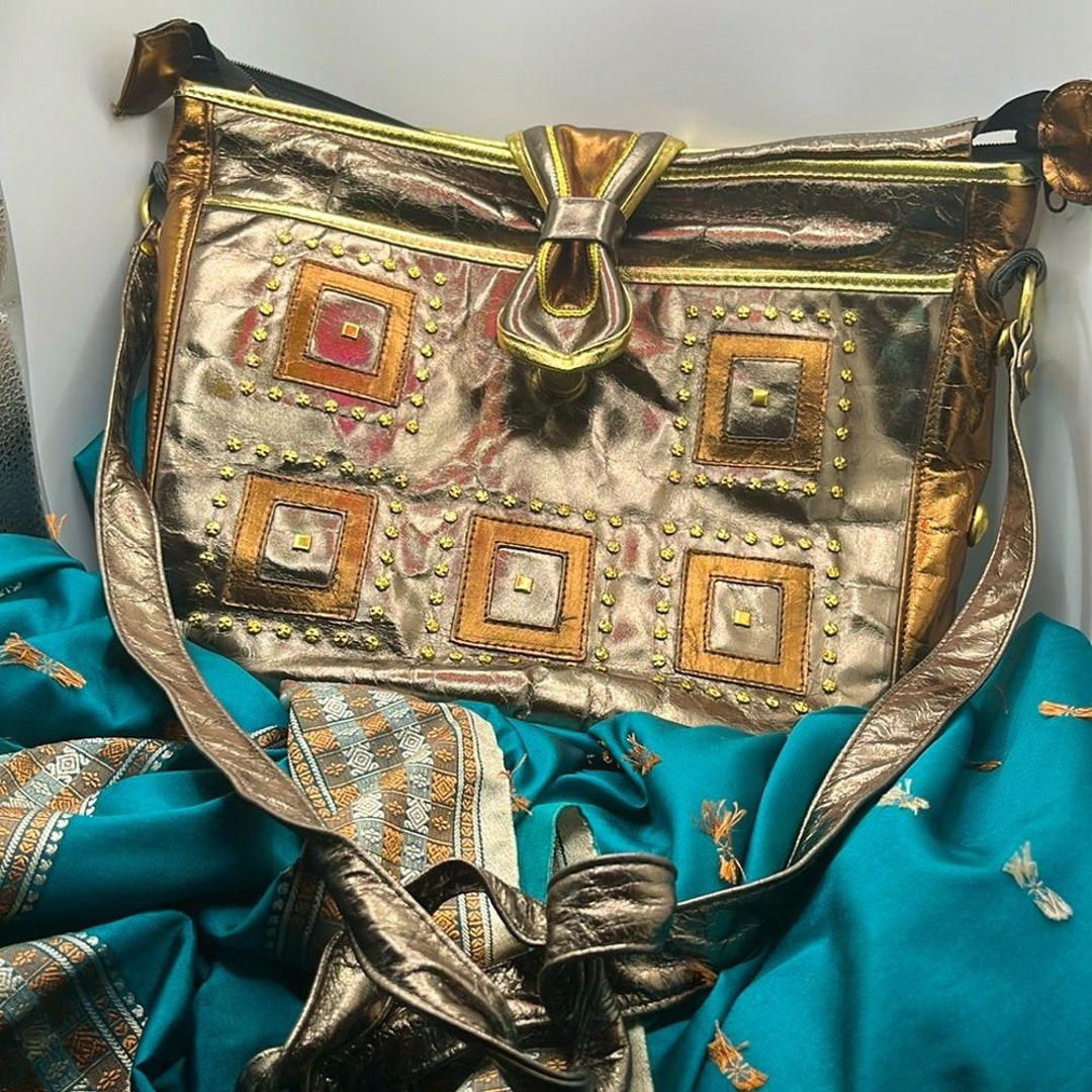 Vintage Karam Metallic Gold and Bronze Leather Bag With Studs and ...
