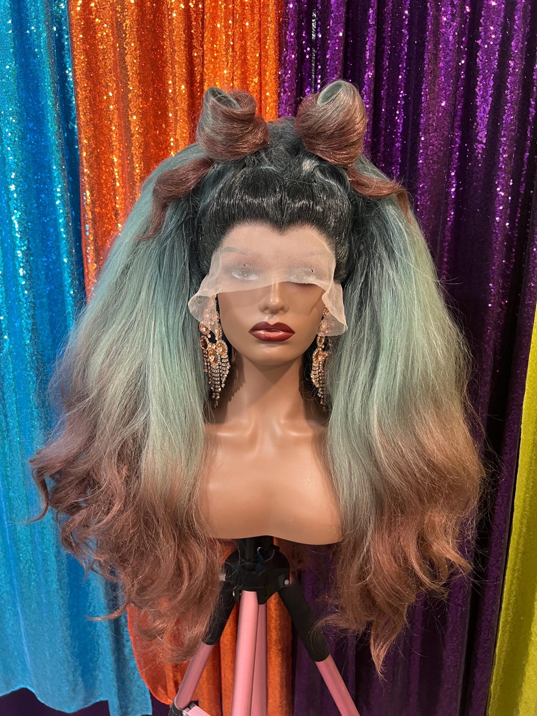 Drag Queen Wig - Double Stacked Rooted Teal to Brown Ombré Lace Front ...