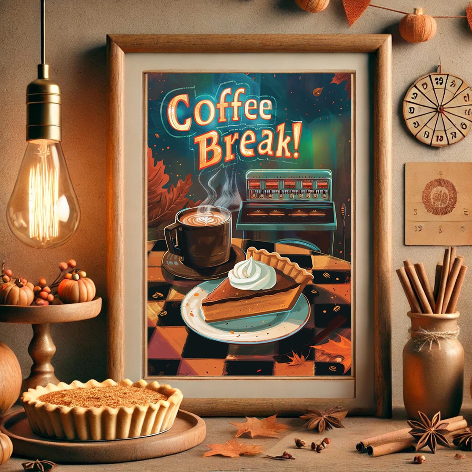 Cozy Retro Autumn Decor - Coffee Break Art With Pumpkin Pie, Vintage ...