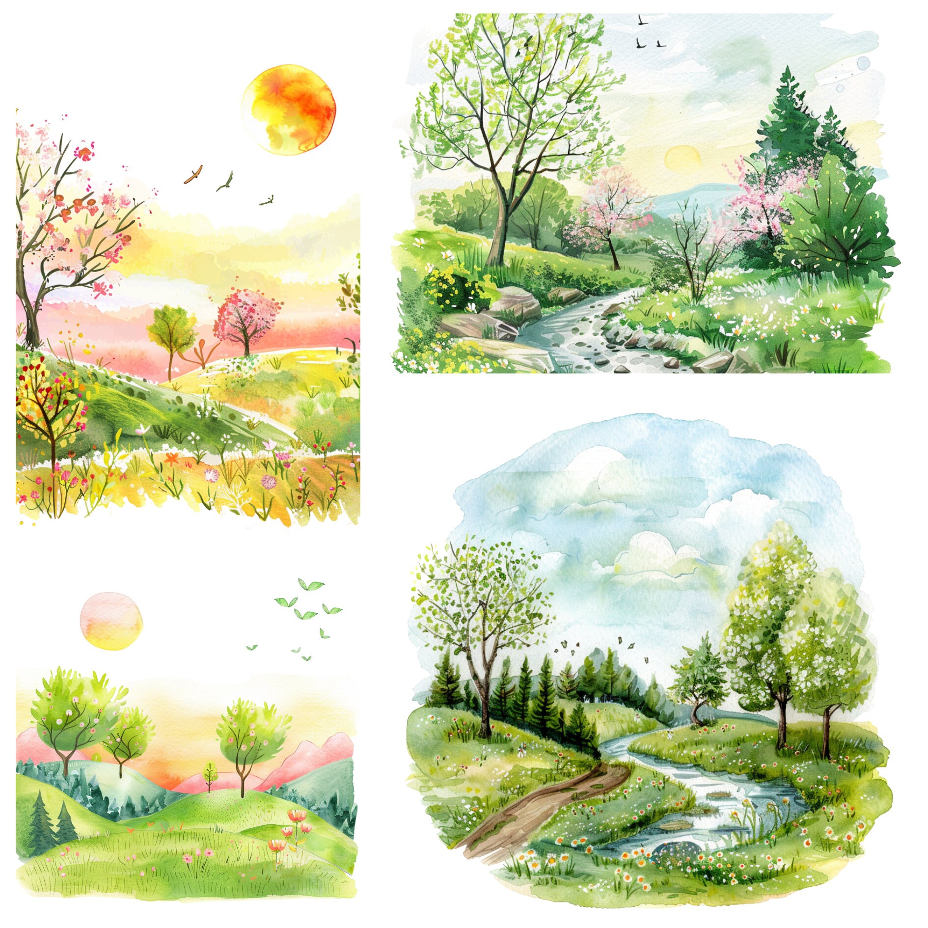 20 Spring Landscape Clipart, Watercolor Scenes, Printable Art, High ...