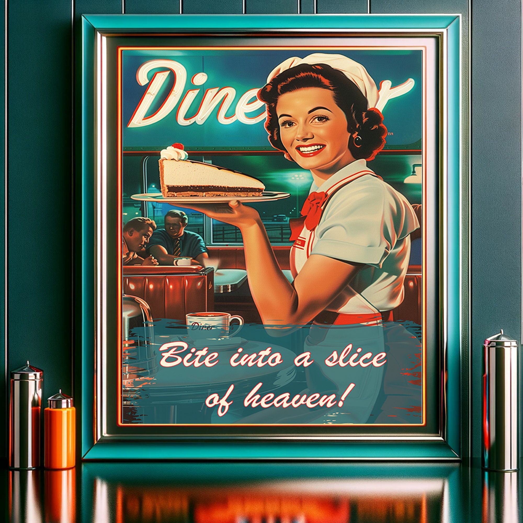 Retro Diner Poster Vintage Waitress Holding Pie 1950s Style Printable ...