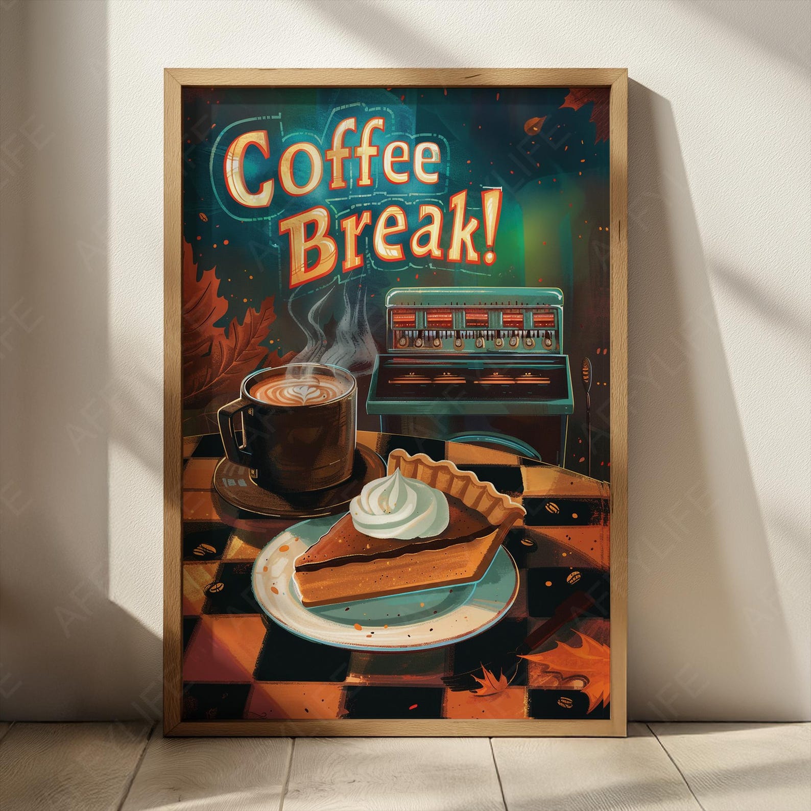 Cozy Retro Autumn Decor - Coffee Break Art With Pumpkin Pie, Vintage ...
