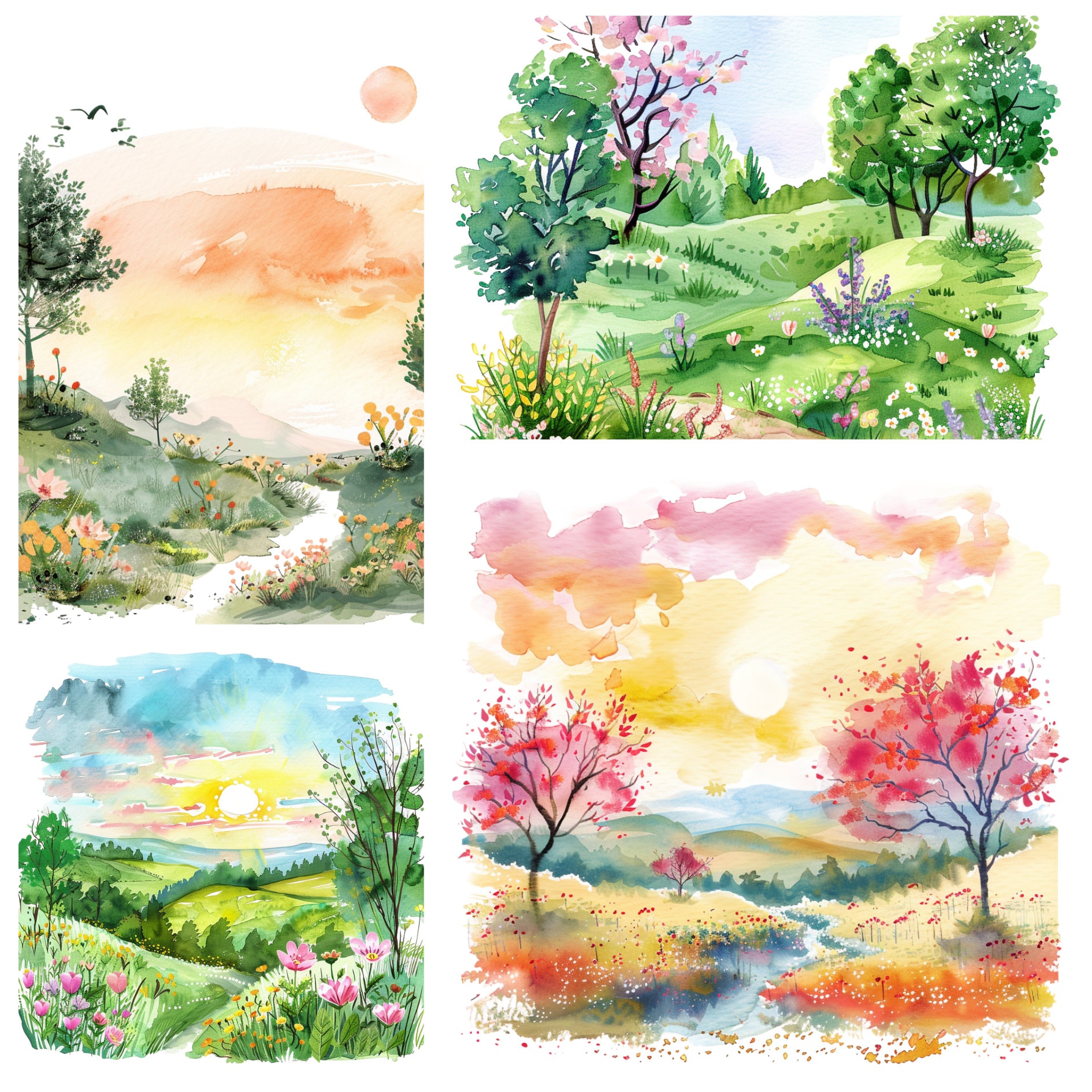 20 Spring Landscape Clipart, Watercolor Scenes, Printable Art, High ...