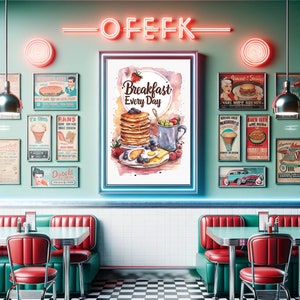 Vintage Breakfast Poster, Retro Kitchen Decor, Pancake Art Print ...
