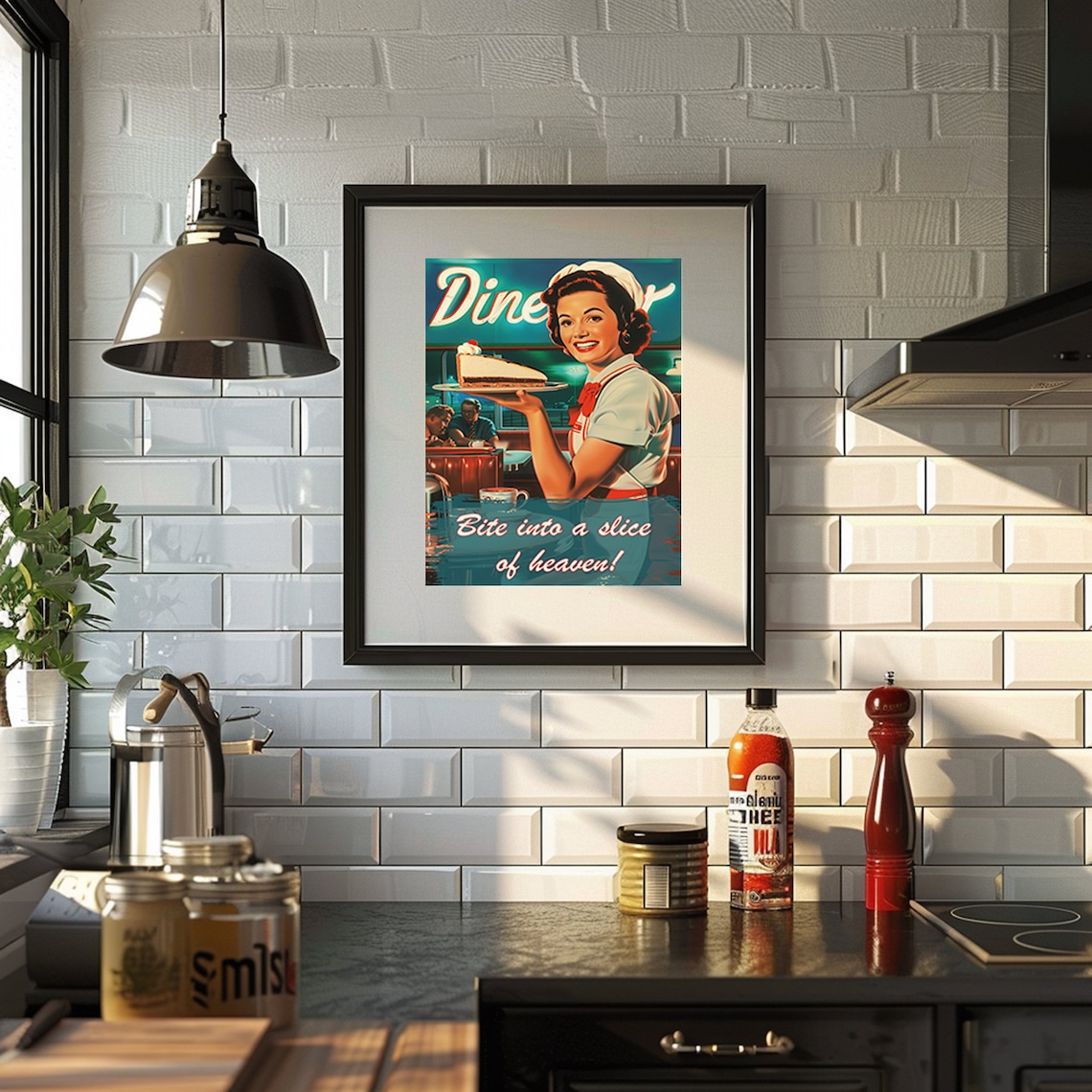 Retro Diner Poster Vintage Waitress Holding Pie 1950s Style Printable ...