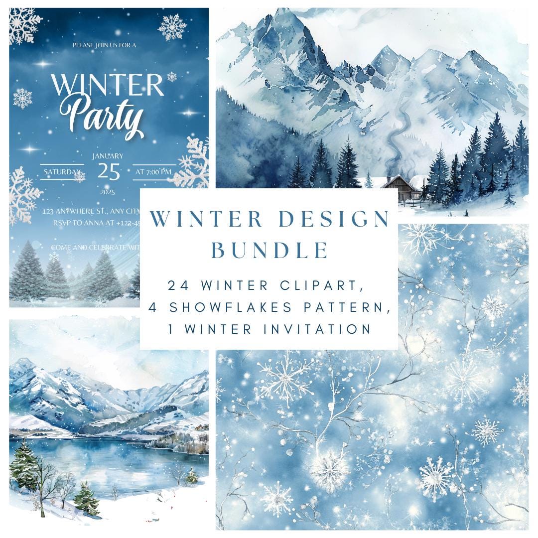 Watercolor Winter Clipart Bundle Snowflake Patterns, Editable Canva ...