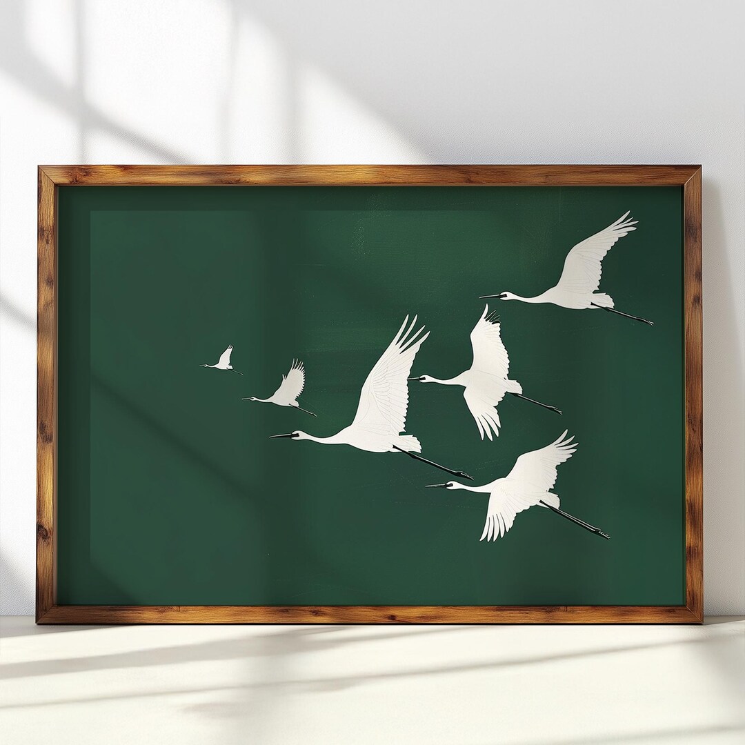 Wabi Sabi Japandi Crane Printable Wall Art, Dark Green Zen Bird Decor ...