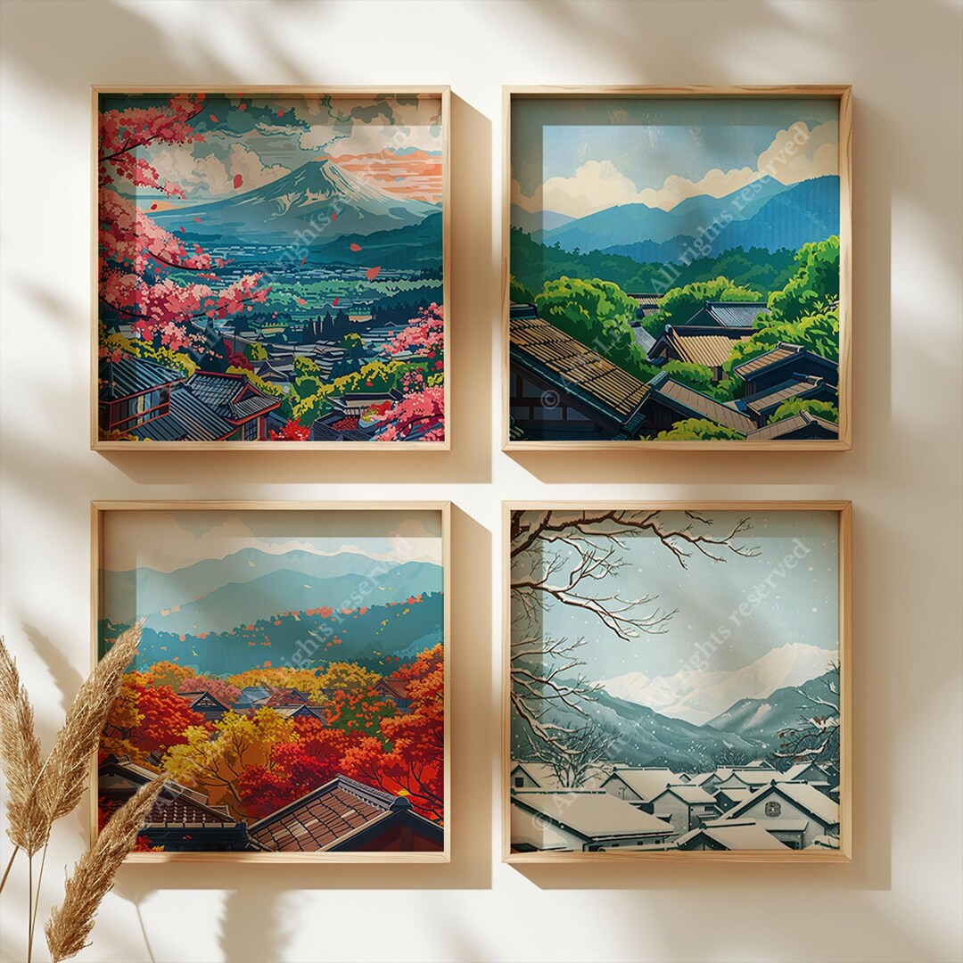 Japanese Seasons Art Print Set: Japandi Rooftop Views (digital Download ...