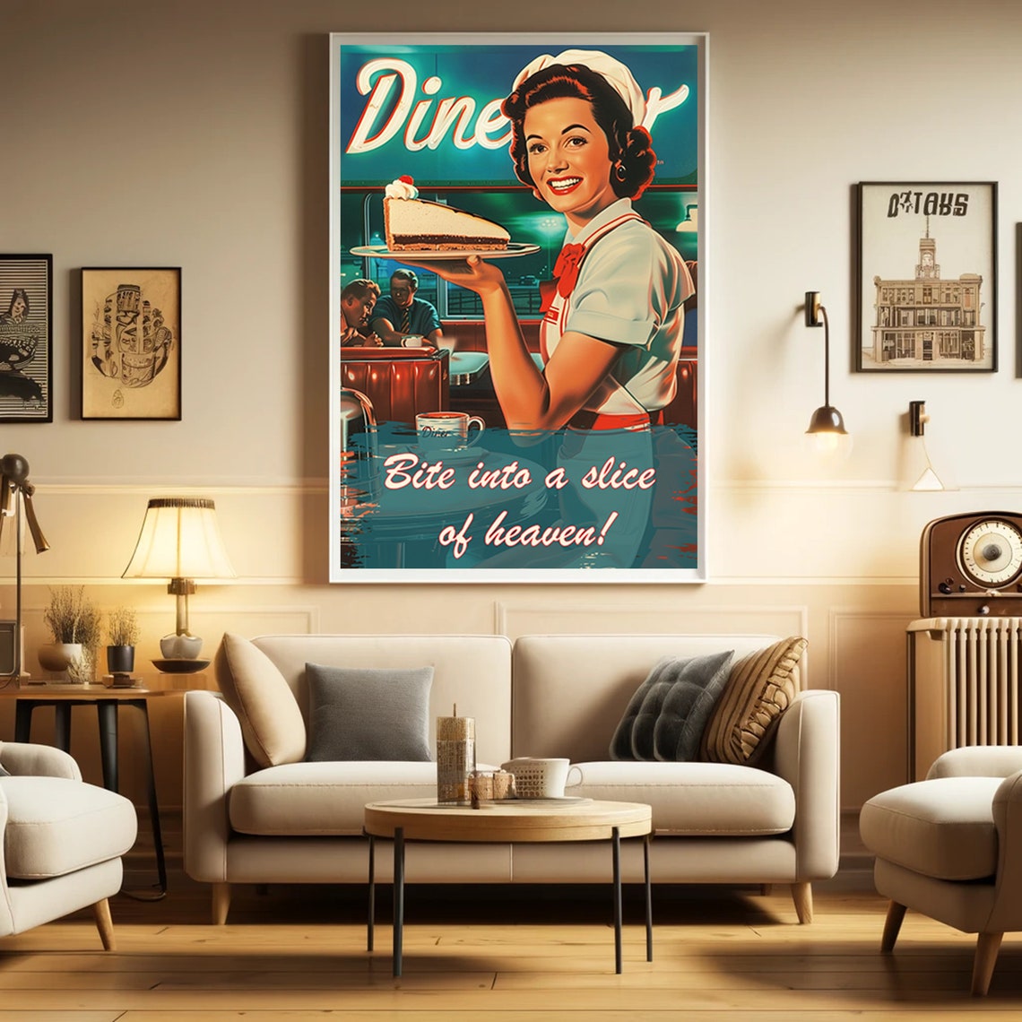 Retro Diner Poster Vintage Waitress Holding Pie 1950s Style Printable ...
