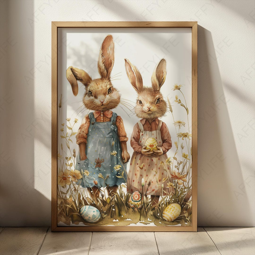 Vintage Easter Bunny Wall Art Set, 20 Watercolor Illustrations, Retro ...