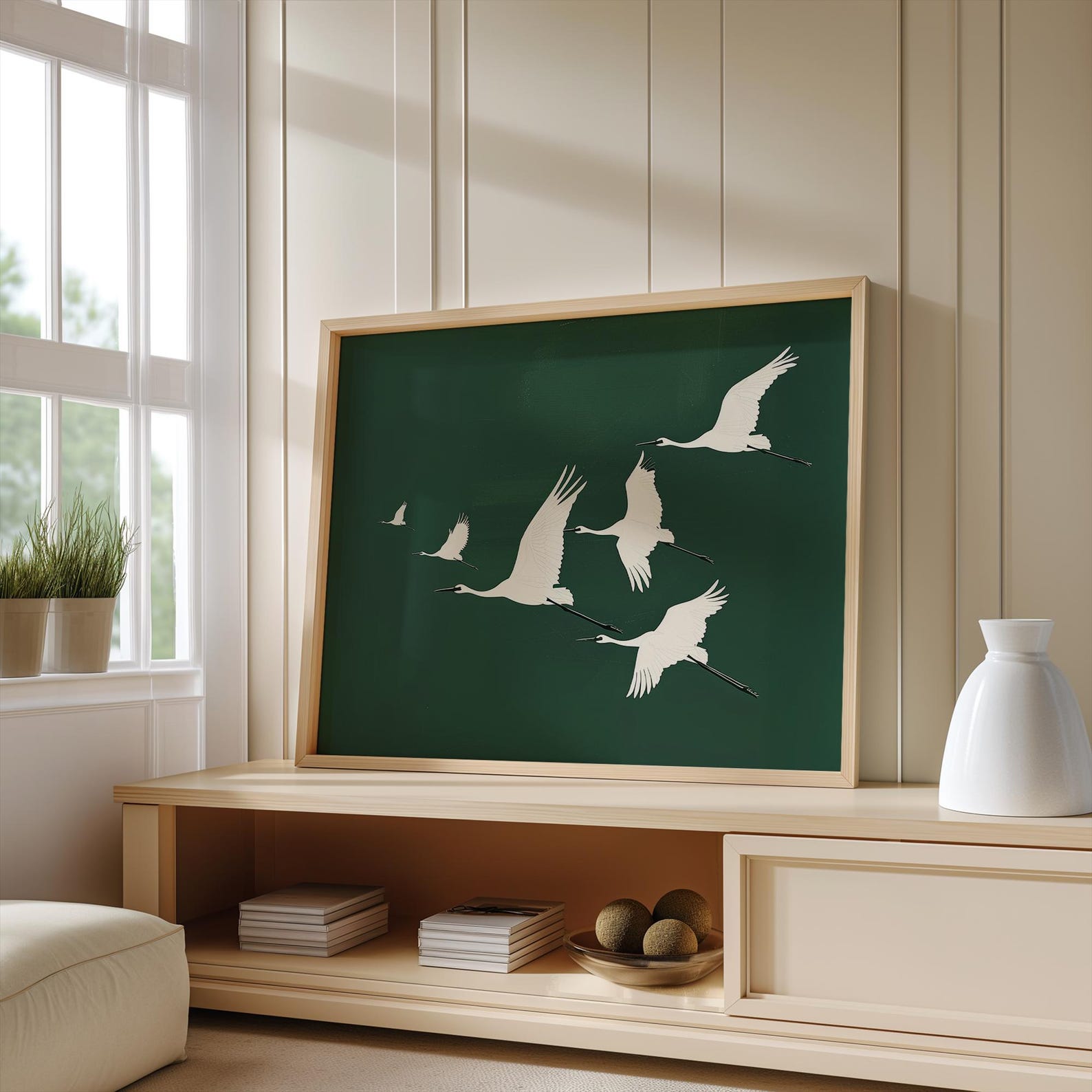 Japandi Wall Art, Wabi Sabi Crane Print, Dark Green Minimalist Decor ...