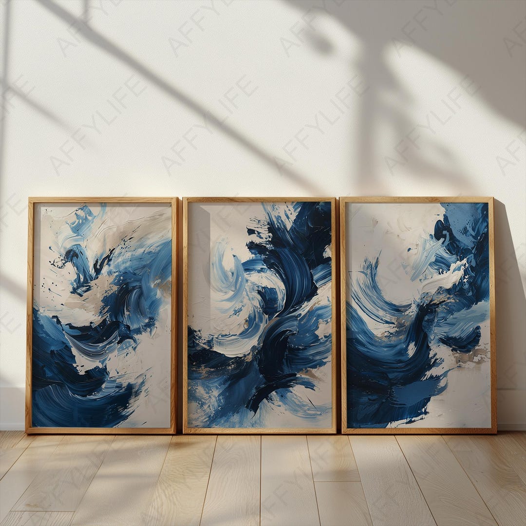 Navy Abstract Wall Art Set, Modern Blue and White Printables ...