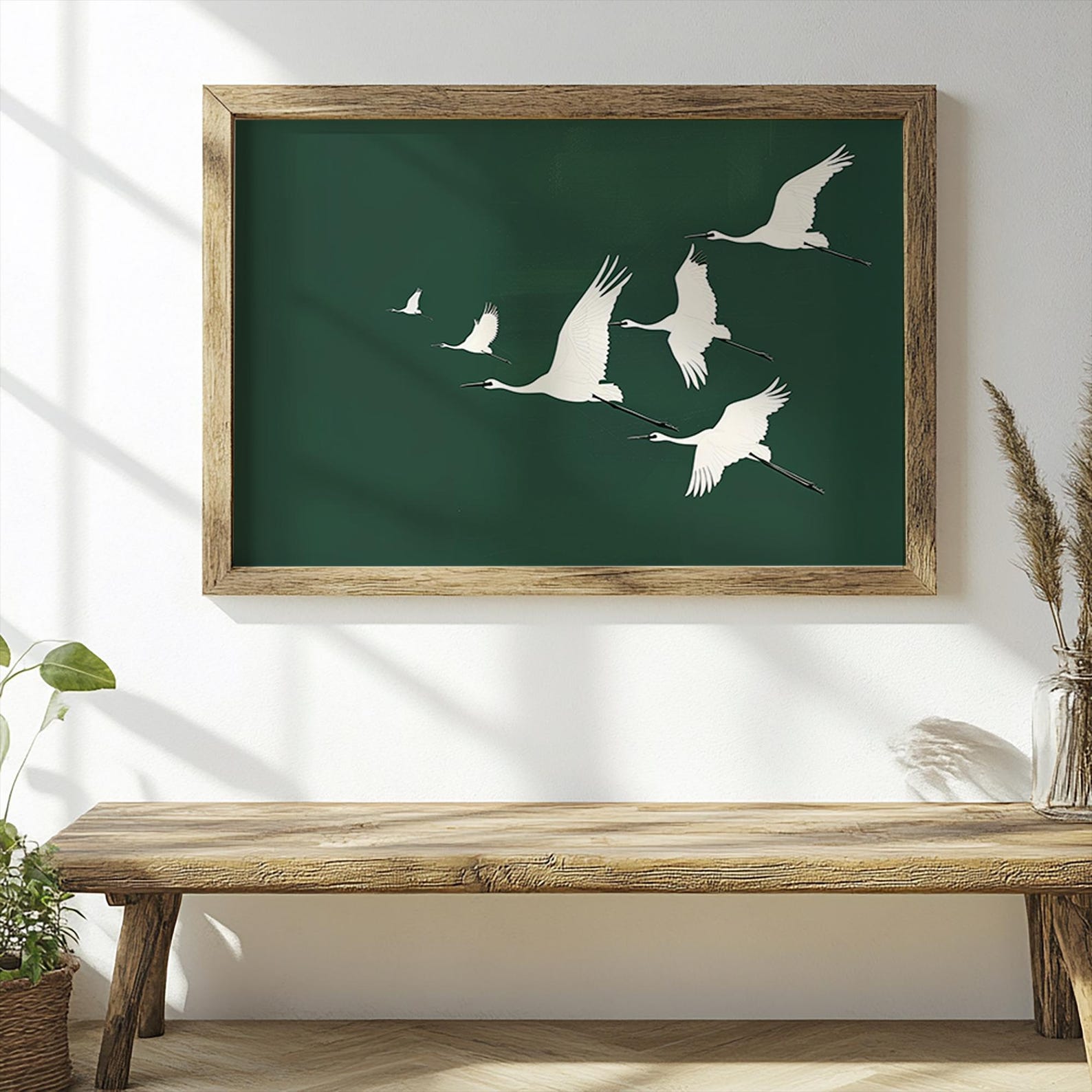 Japandi Wall Art, Wabi Sabi Crane Print, Dark Green Minimalist Decor ...