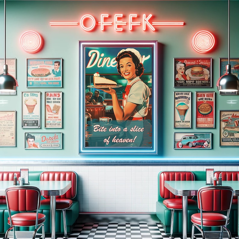 Retro Diner Poster Vintage Waitress Holding Pie 1950s Style Printable ...