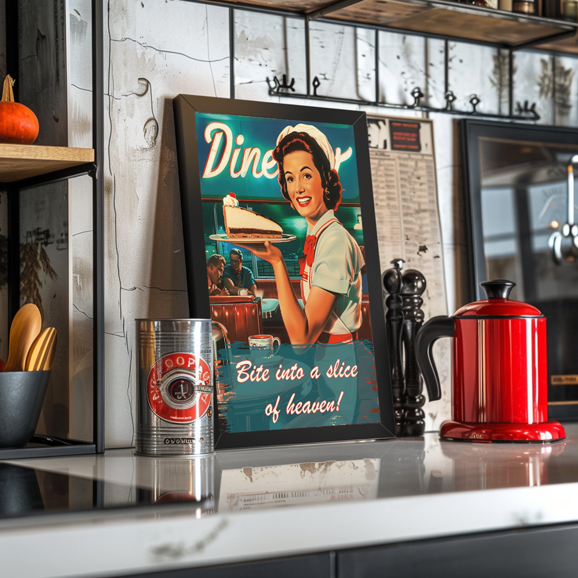 Retro Diner Poster Vintage Waitress Holding Pie 1950s Style Printable ...