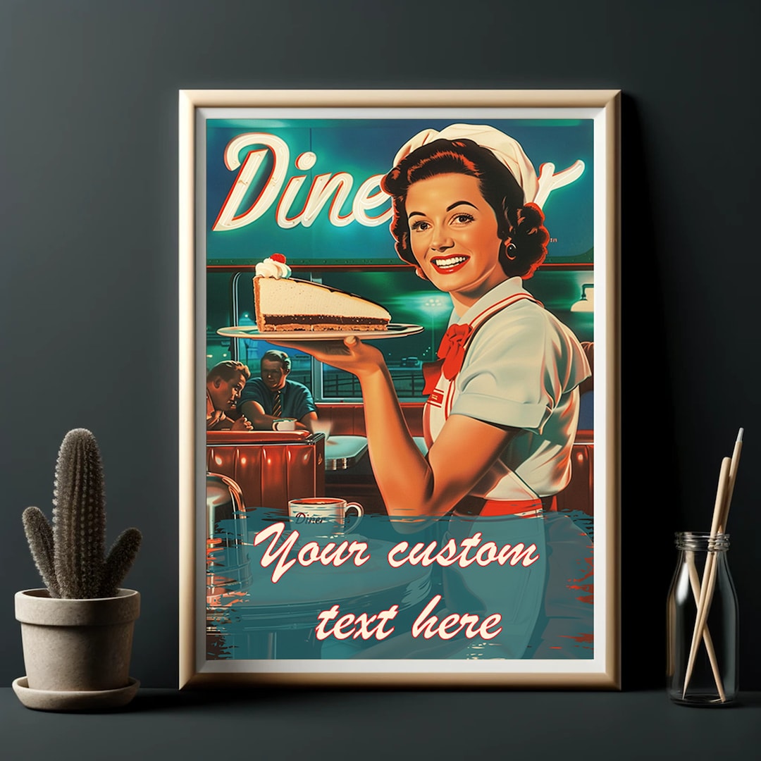 Customizable Retro Diner Poster, Vintage Waitress Art, 1950s Kitchen ...
