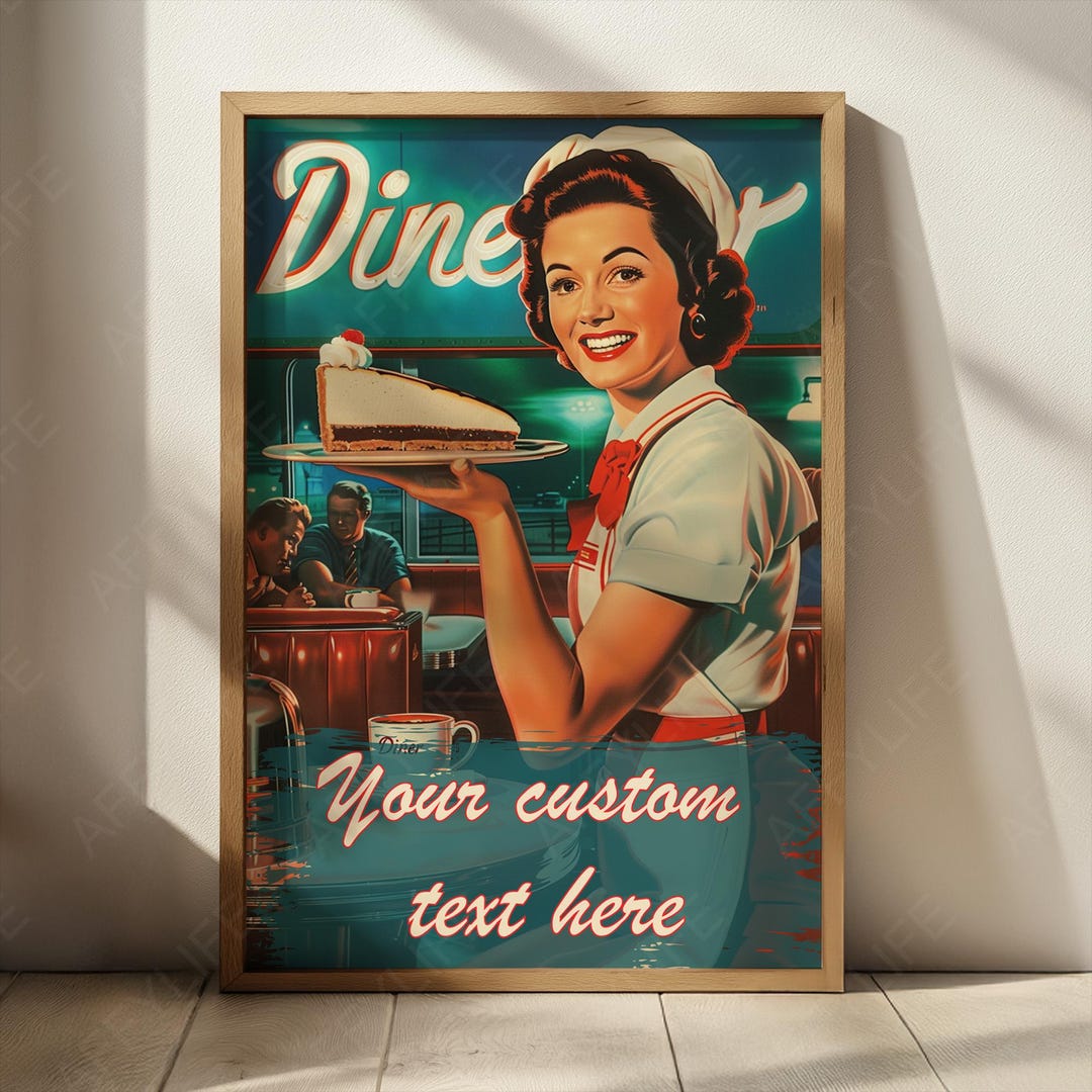 Customizable Retro Diner Poster, Vintage Waitress Art, 1950s Kitchen ...