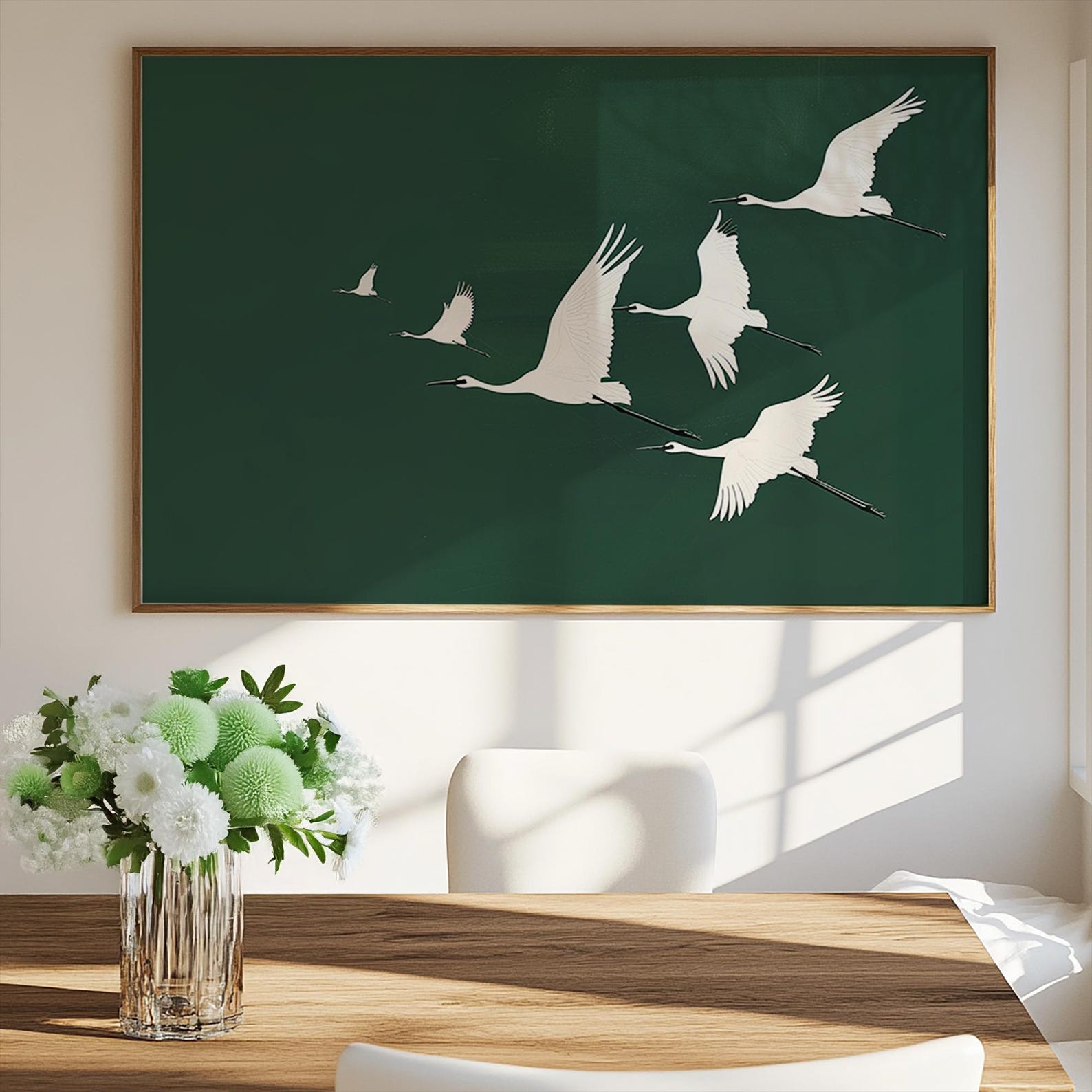 Japandi Wall Art, Wabi Sabi Crane Print, Dark Green Minimalist Decor ...