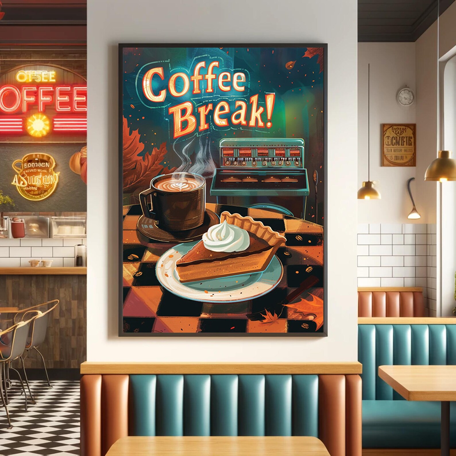 Cozy Retro Autumn Decor - Coffee Break Art With Pumpkin Pie, Vintage ...
