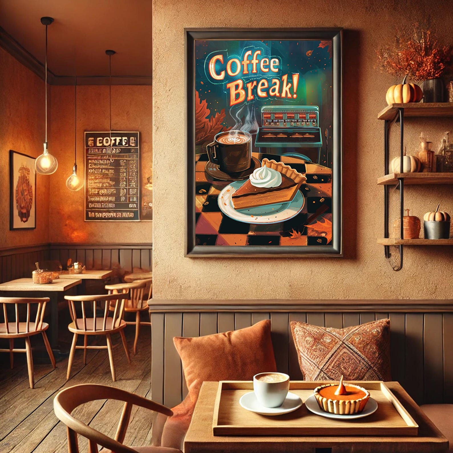 Cozy Retro Autumn Decor - Coffee Break Art With Pumpkin Pie, Vintage ...
