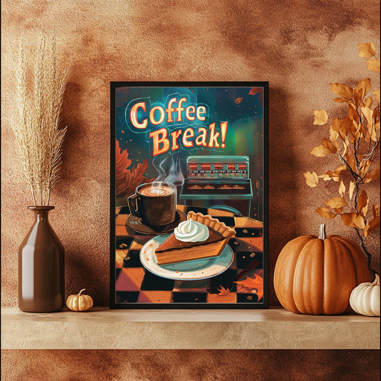 Cozy Retro Autumn Decor - Coffee Break Art With Pumpkin Pie, Vintage ...