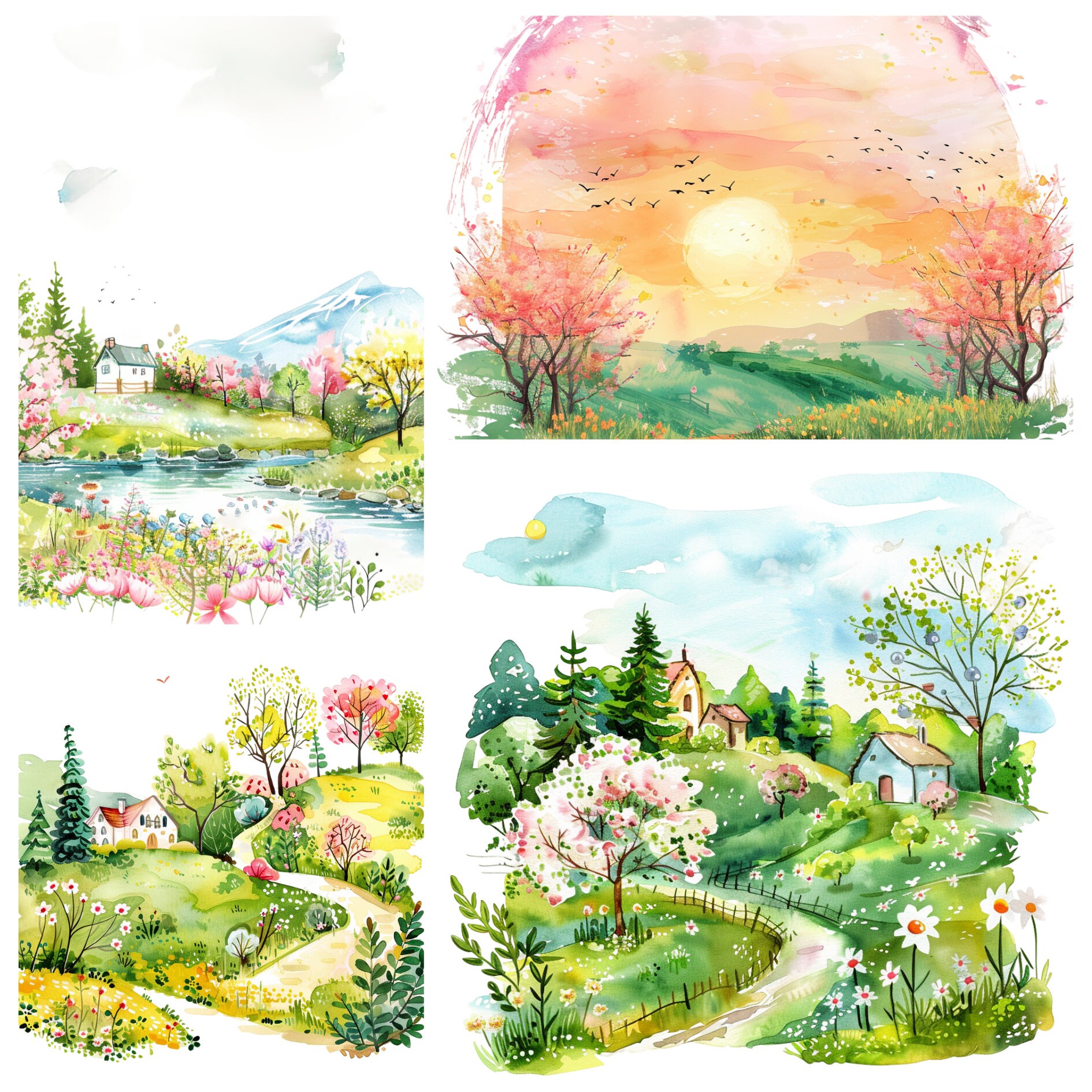 20 Spring Landscape Clipart, Watercolor Scenes, Printable Art, High ...