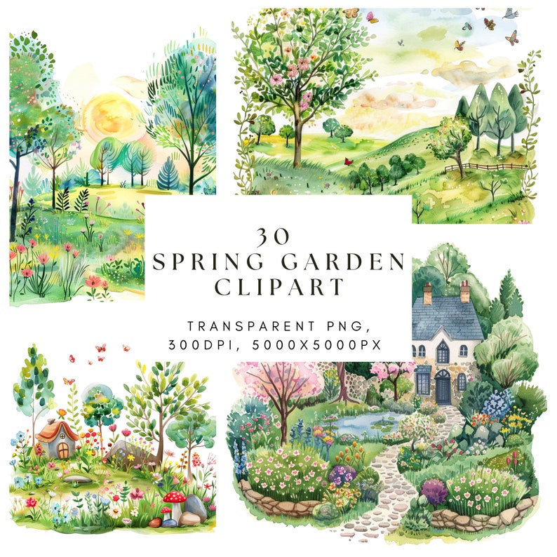 30 Spring Garden Clipart, Printable Watercolor Clipart, 300dpi PNG ...