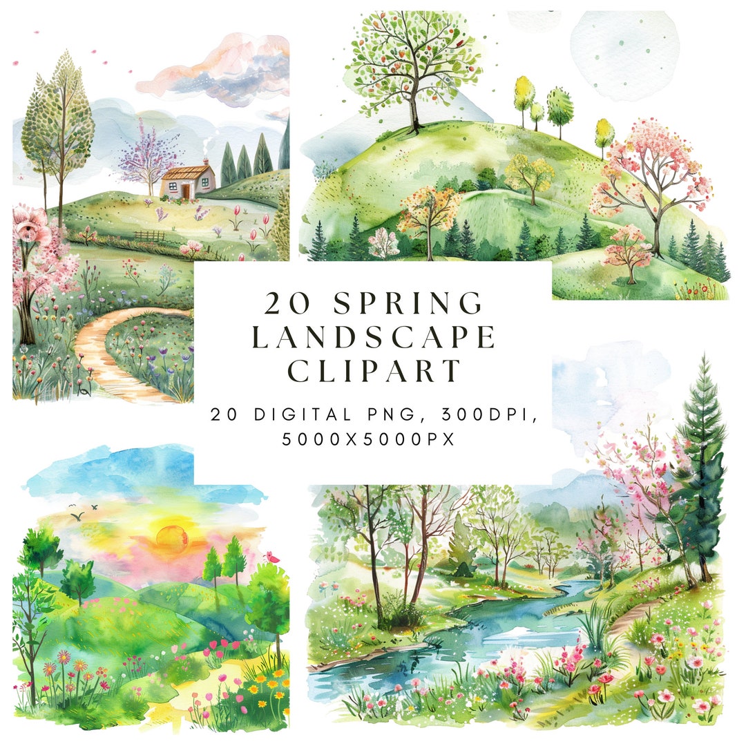 20 Spring Landscape Clipart, Watercolor Scenes, Printable Art, High ...