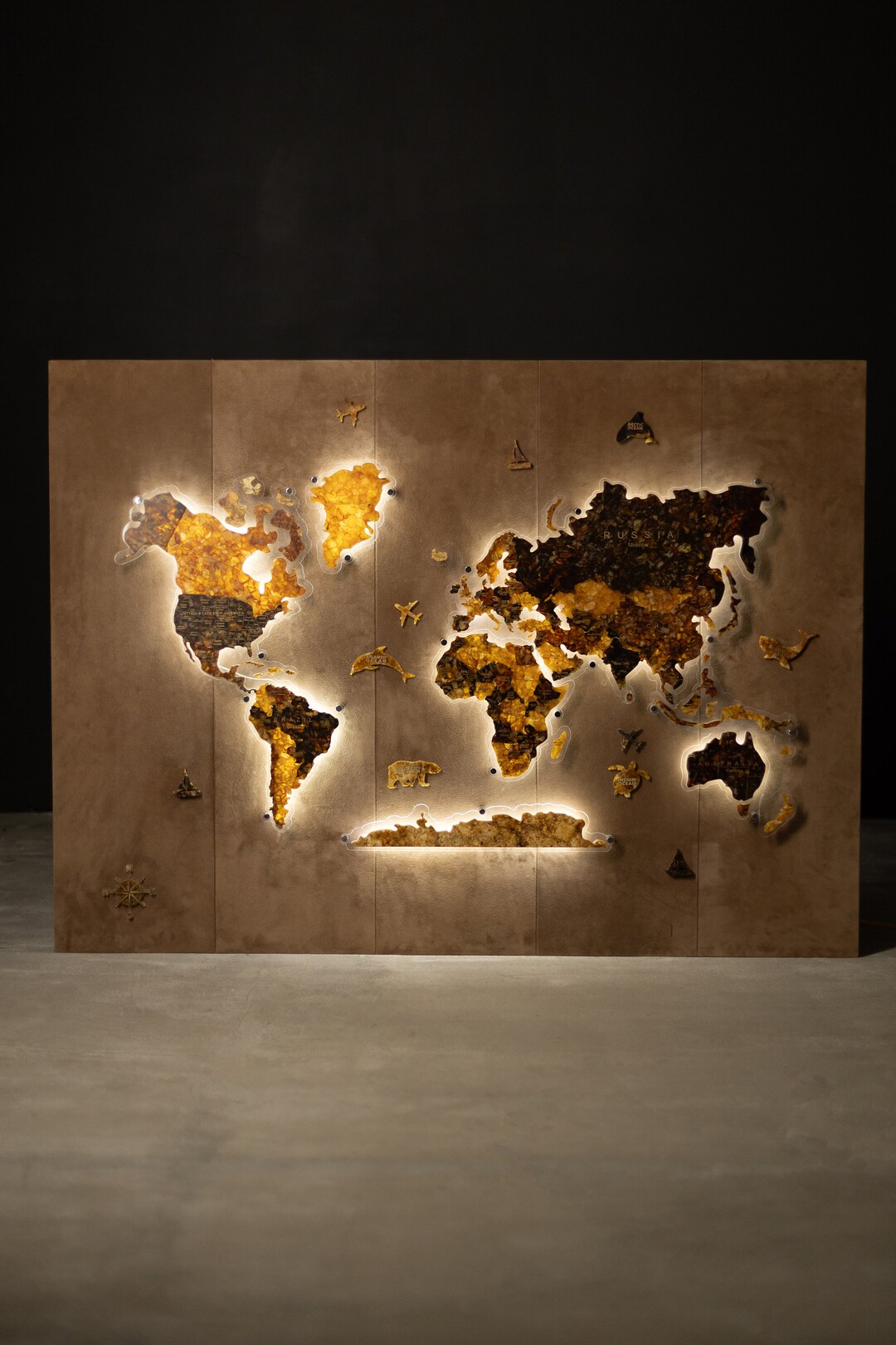 3D Amber World Map on Suede Backgraund, Unique Wall Art, Exclusive ...