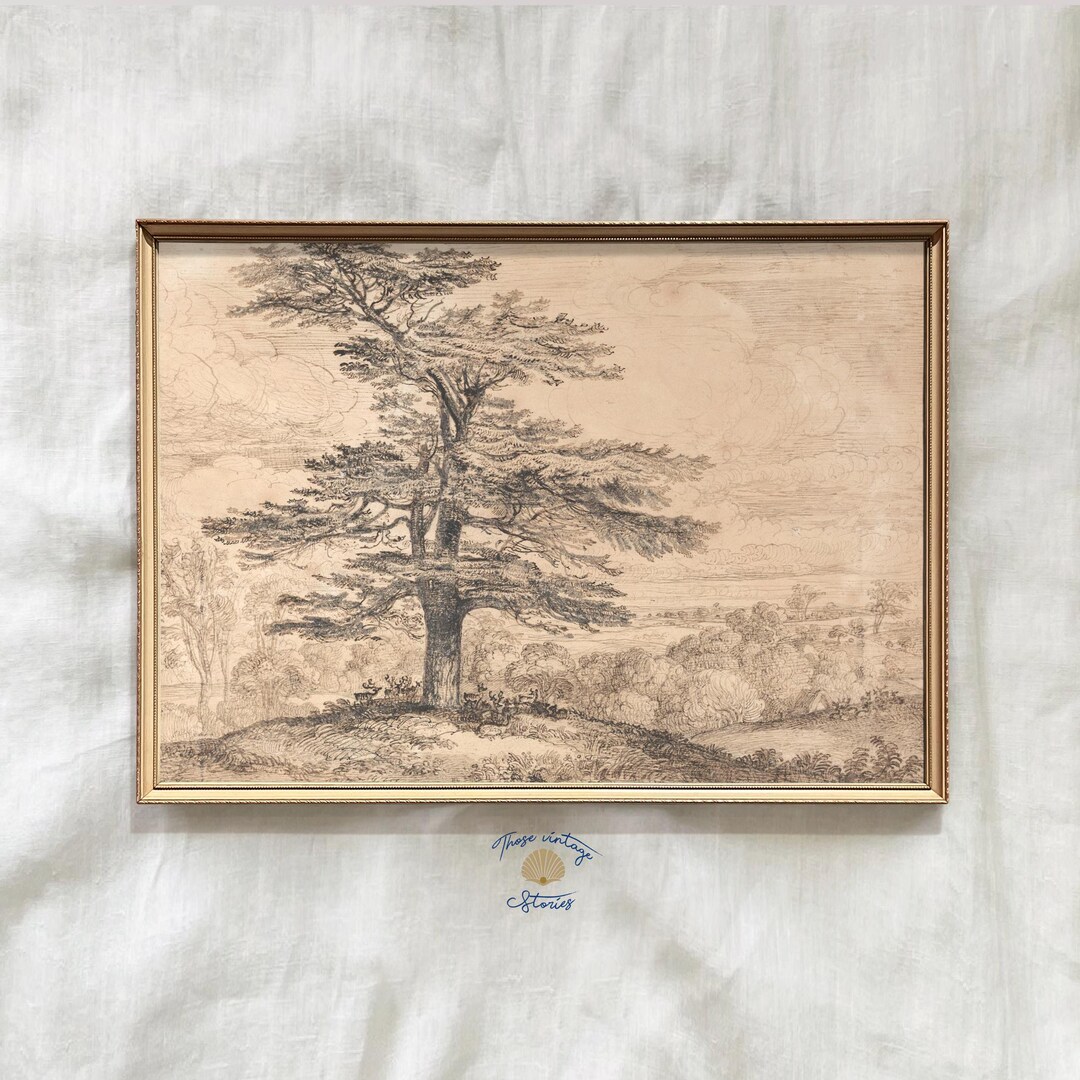 Tree Art, Vintage Drawing, Farmhouse Print, Rustic Tree Sketch, Vintage ...
