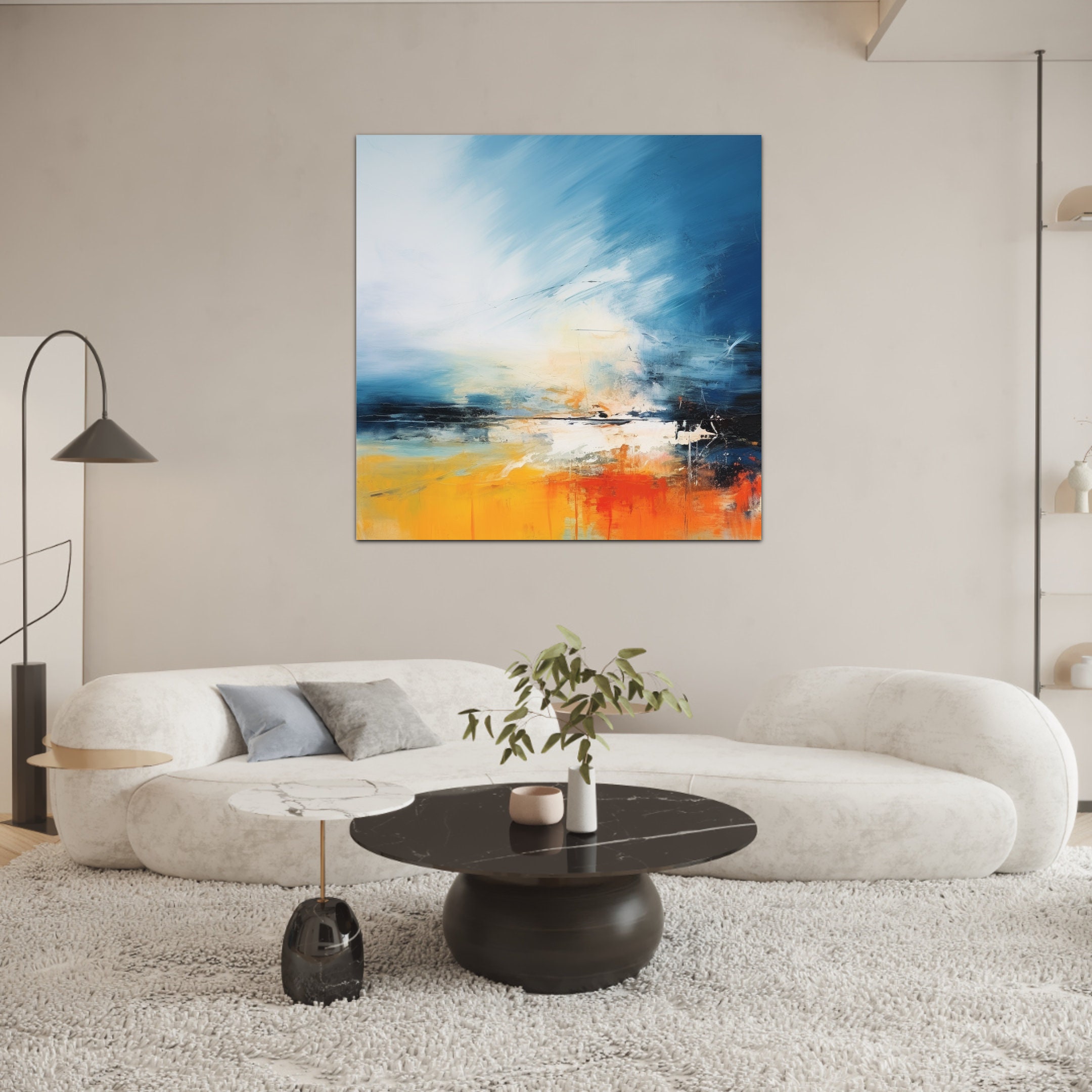 Vibrant Horizon Abstract Art 'azure Blaze' Bold Blue and Orange Canvas ...