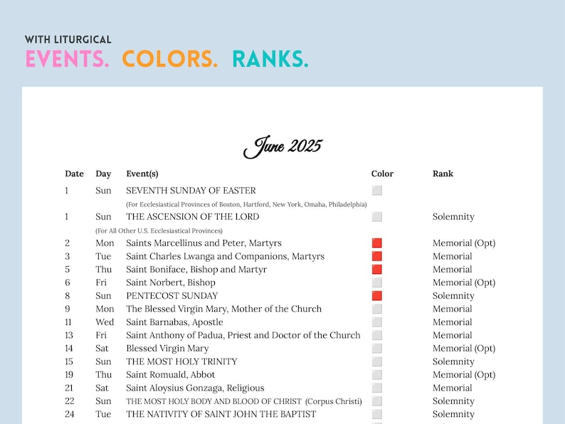 2025 Catholic Liturgical Calendar Guide List Version Printable ...