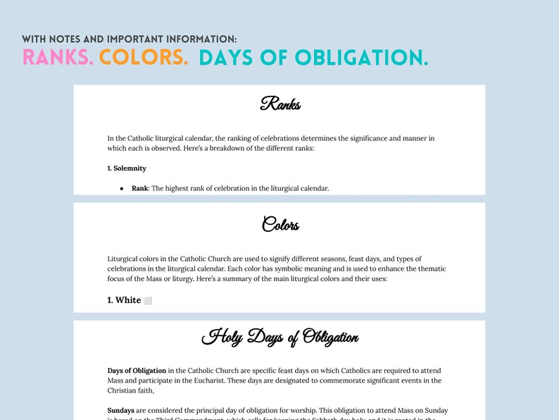 2025 Catholic Liturgical Calendar Guide List Version Printable ...