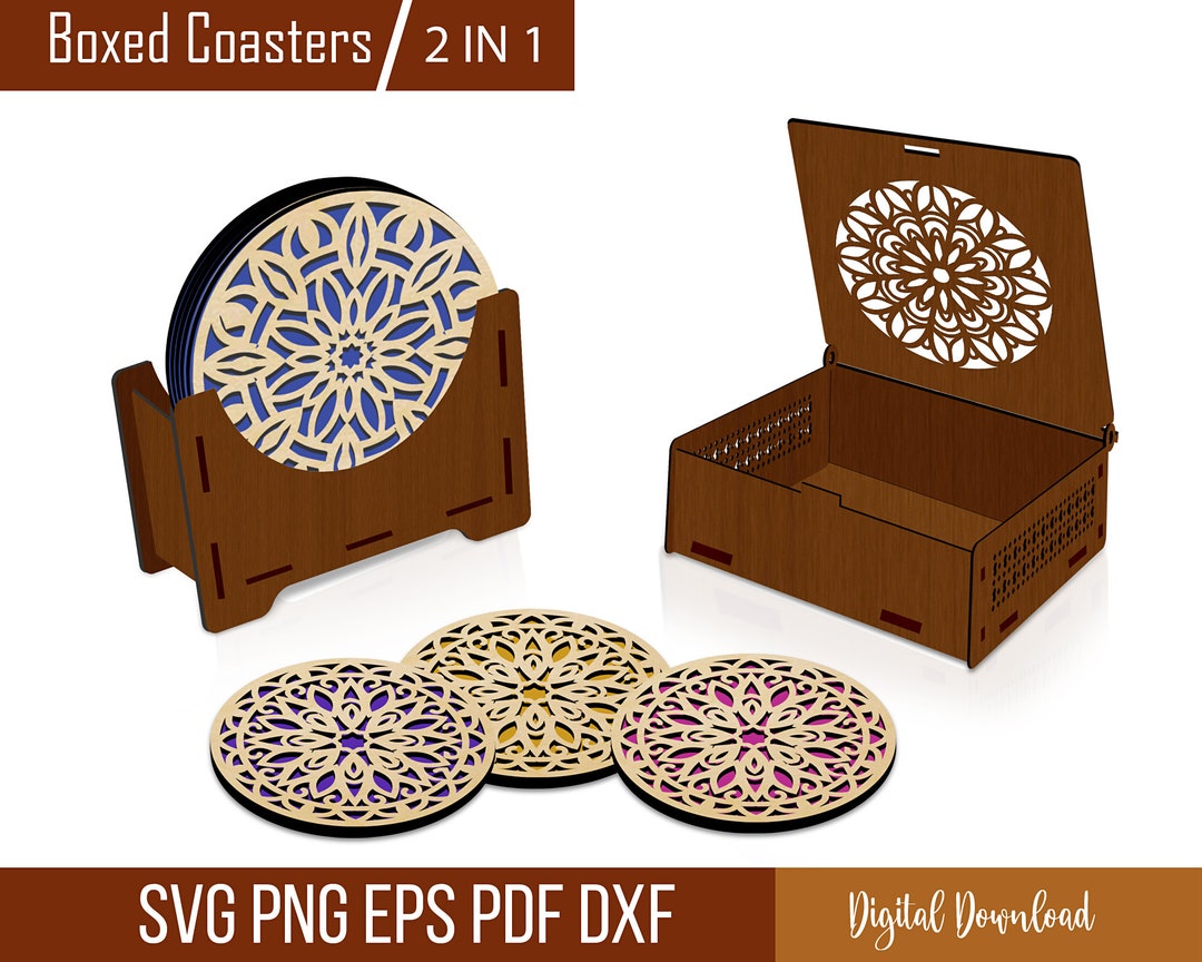 Decorative Pattern Boxed Coasters Laser Cut Svg Files, Vector Files for ...
