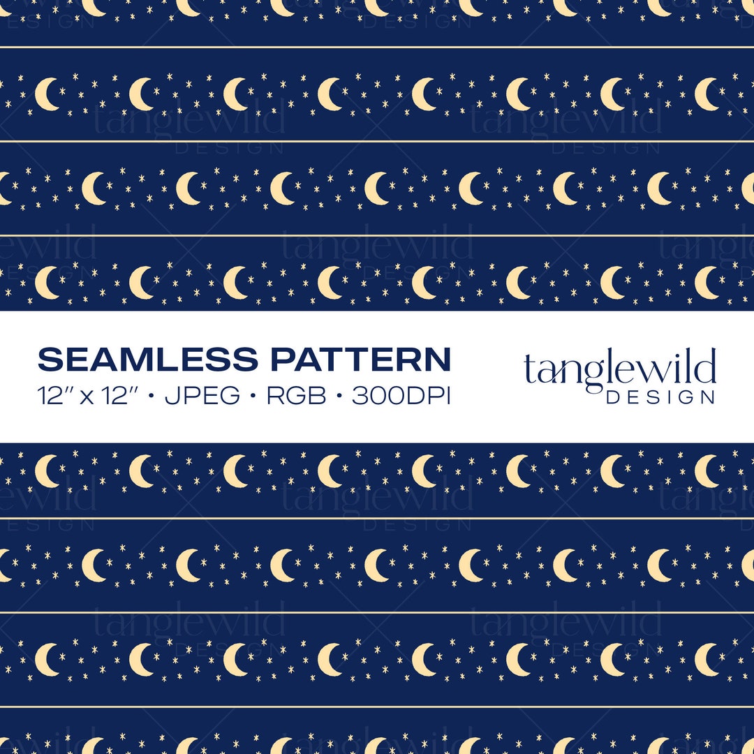 Celestial Crescent Moon and Star Horizontal Stripe Pattern in Navy Blue ...