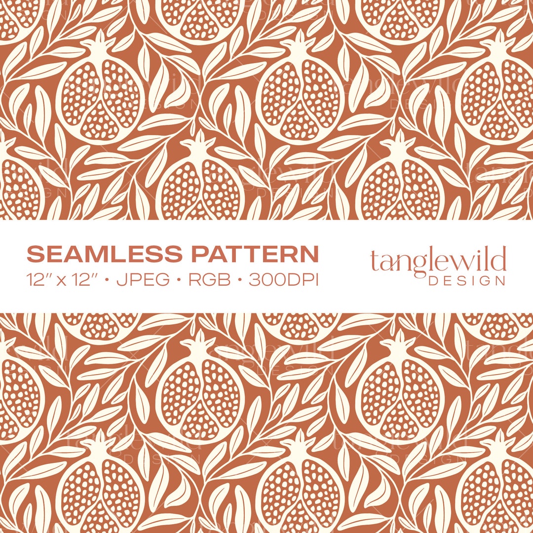 Block Print Pomegranate & Leaf Garlands Seamless Repeat Pattern, Rust Orange, Pomegranate Art ...